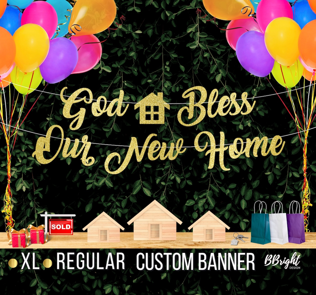 God Bless Our New Home Banner With Home and Key Garland Glitter Gold ...