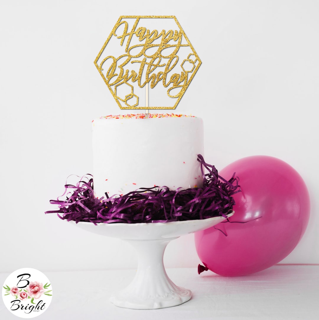 Hexagon Custom Happy Birthday Cake Topper in Glitter Gold Silver Kids ...