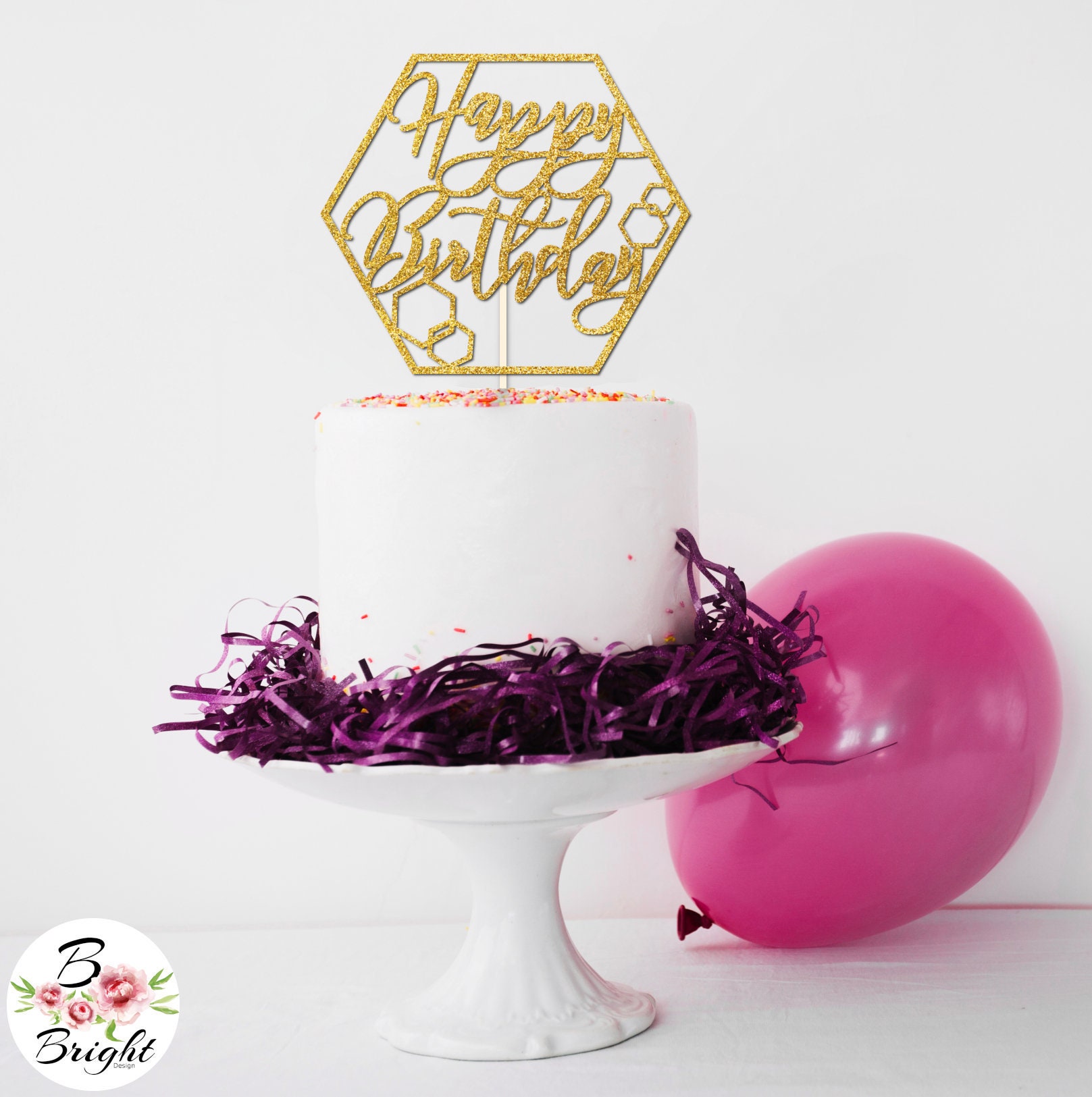 Hexagon Custom Happy Birthday Cake Topper in Glitter Gold - Etsy
