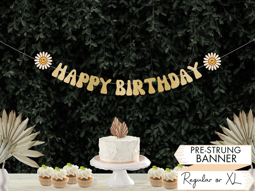 Retro Happy Birthday Banner With Smiley Face Daisy Groovy Birthday ...