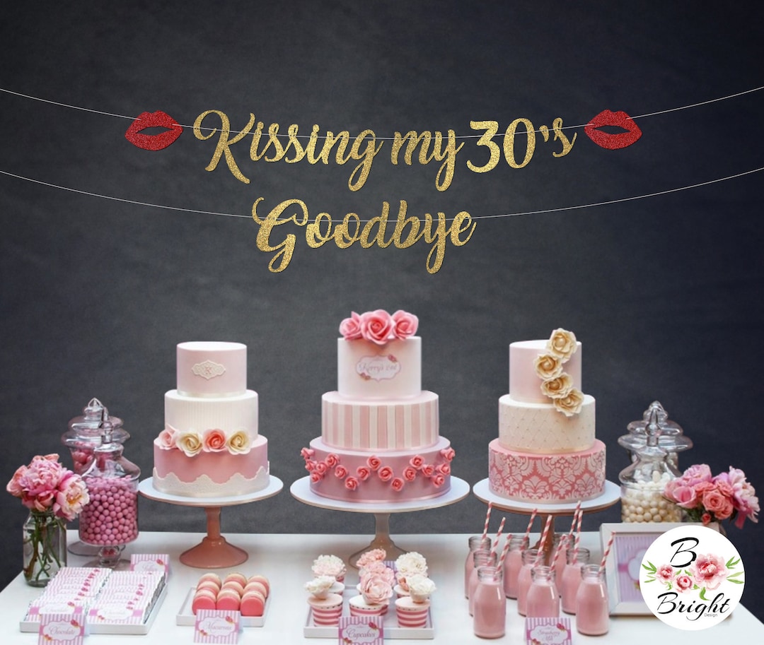 Kissing My 30s Goodbye Birthday Banner With Age & Lips Gold Silver ...