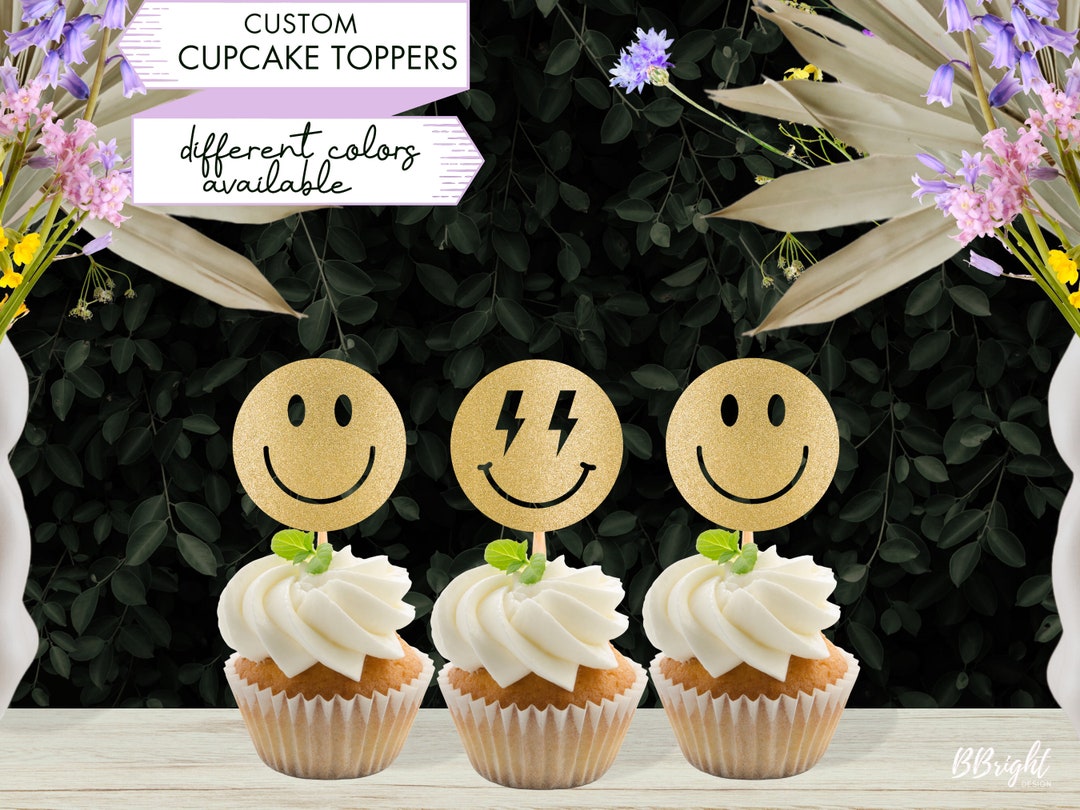 Smiley Face Cupcake Toppers Retro Theme Birthday Lightening Smiley ...