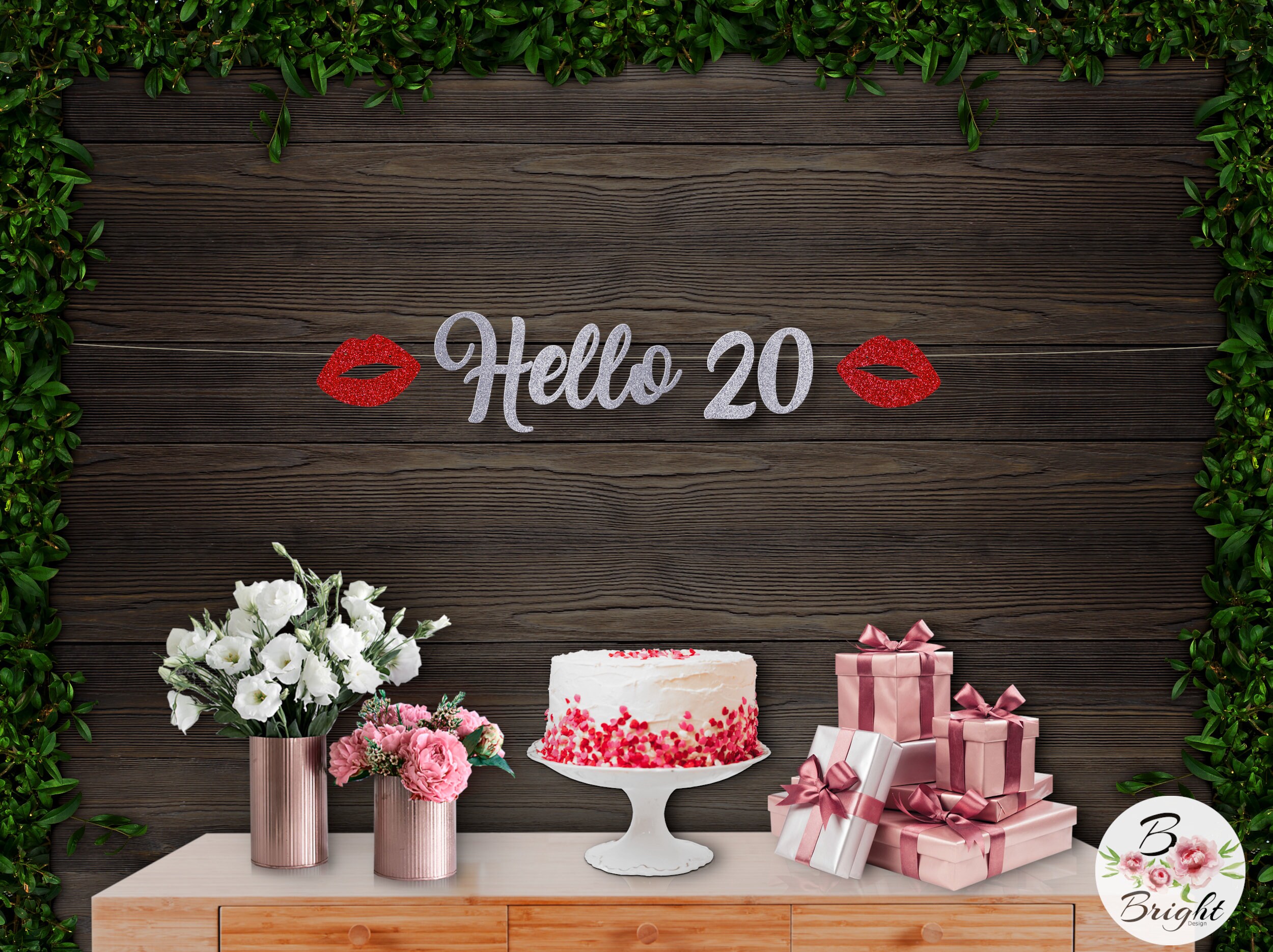Hello 20 with Lips Happy Birthday Banner Gold Silver Glitter | Etsy