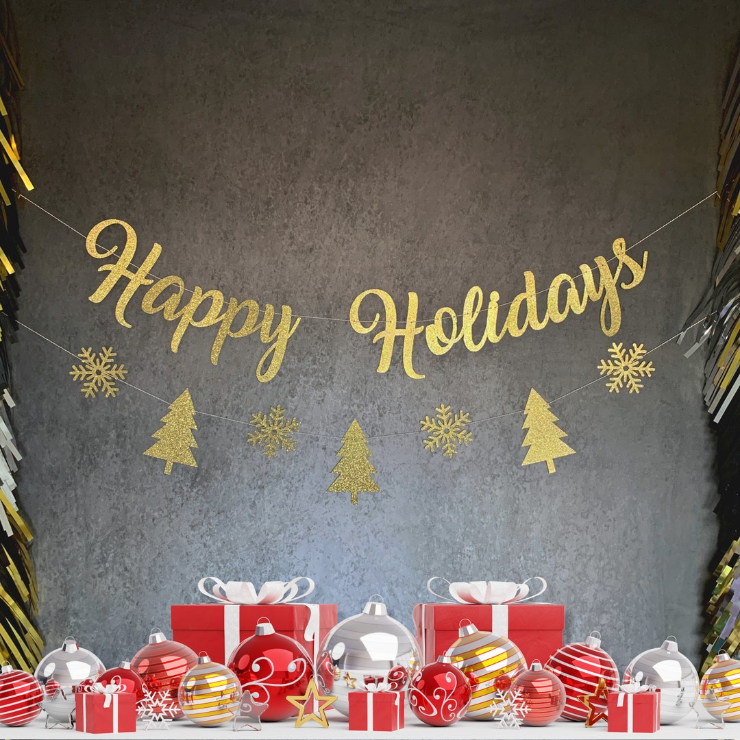 Festive Happy Holidays Season Banner With Garland in Gold Silver ...