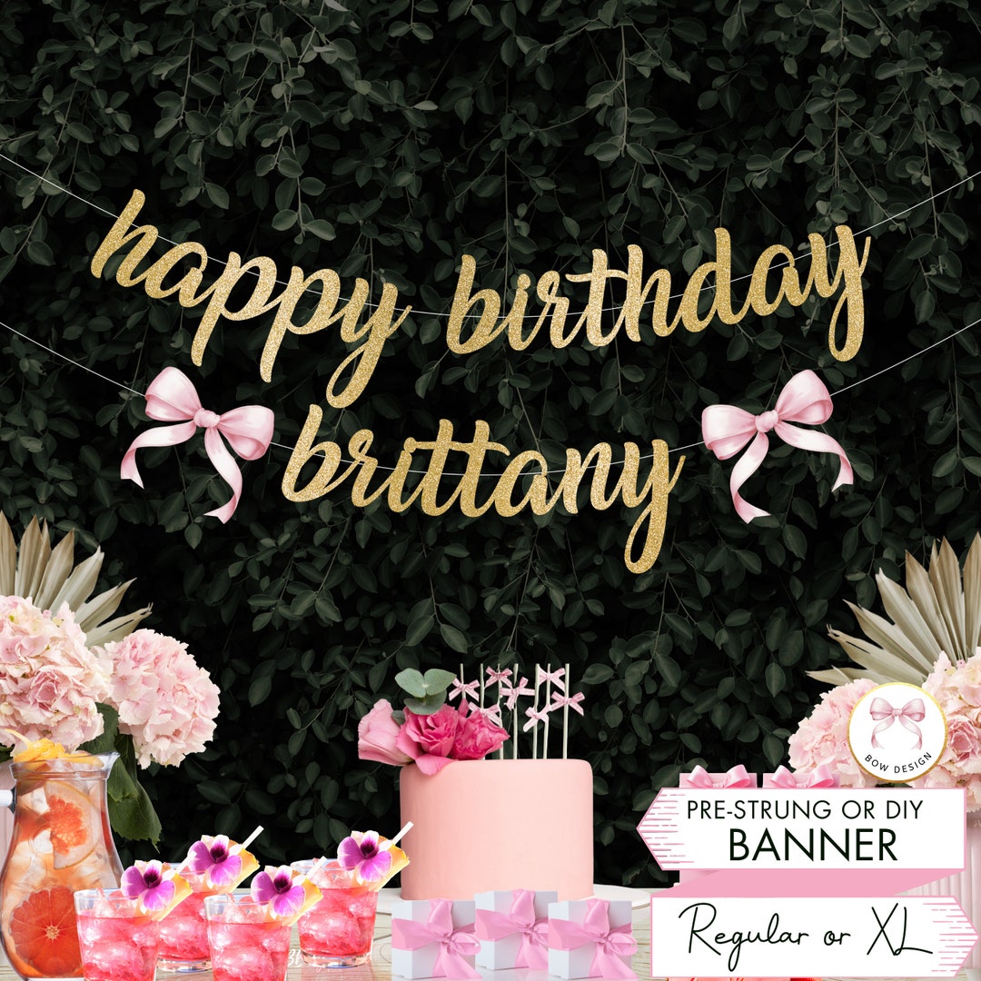 Bow Birthday Banner Custom Name Pink Bow Party Decorations Minimalist ...