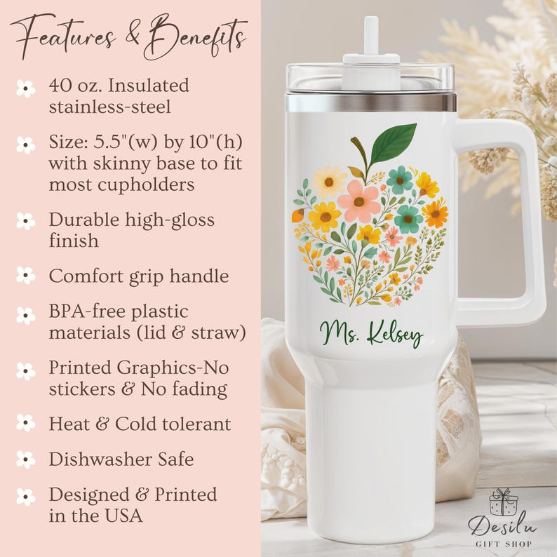 Apple Teacher Tumbler 40oz Personalized Floral Apple Tumbler With ...