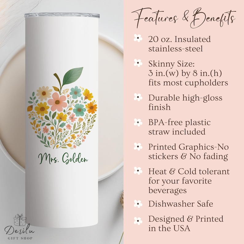 Apple Teacher Tumbler 40oz Personalized Floral Apple Tumbler With ...