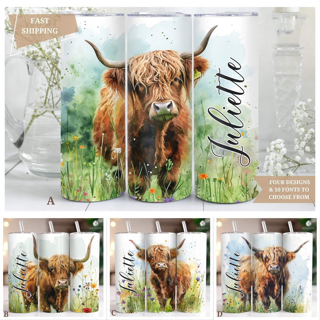 Personalized Highland Cow Tumbler, Custom Name Floral Highland Cow ...