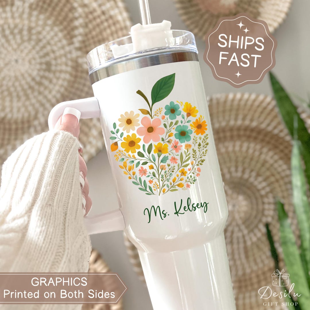 Apple Teacher Tumbler 40oz Personalized Floral Apple Tumbler With ...