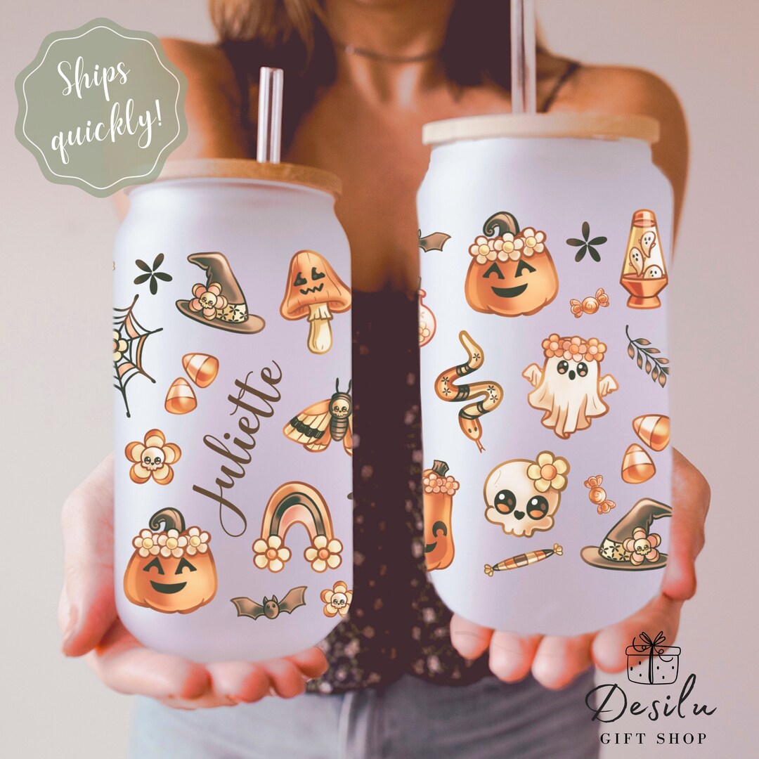 Boho Halloween Glass Tumbler Spooky Glass Cup With Lid and Straw Groovy ...