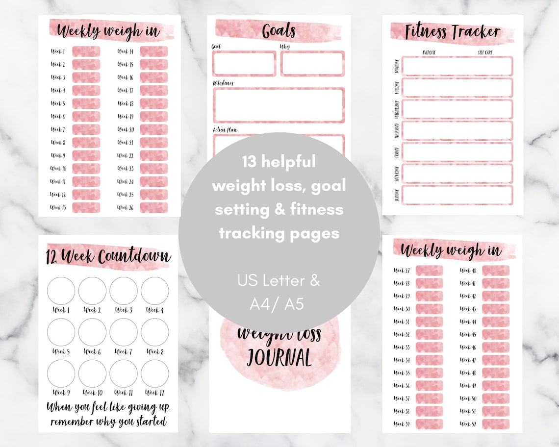 Printable Weight Loss Journal. Weight Loss Chart, Measurements, Weekly ...