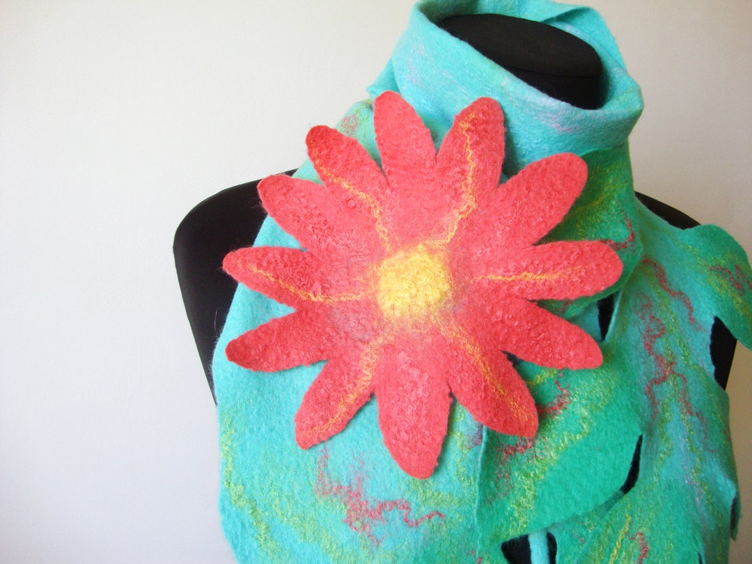 Felted Merino Wool Scarf: Handmade Extravagant Pink Flower - Etsy