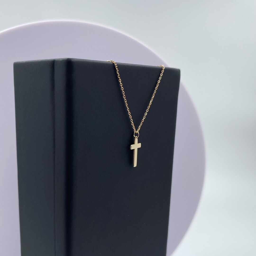 Real 14k Solid Gold Minimal Cross Necklace, Dainty Gold Cross Necklace ...