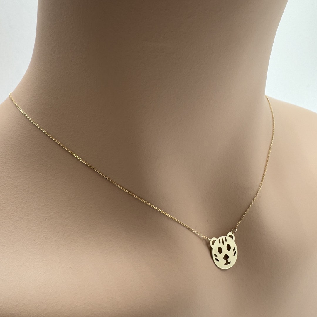 Real 14k Solid Gold Minimal Tiger Necklace, Dainty Gold Tiger Necklace ...