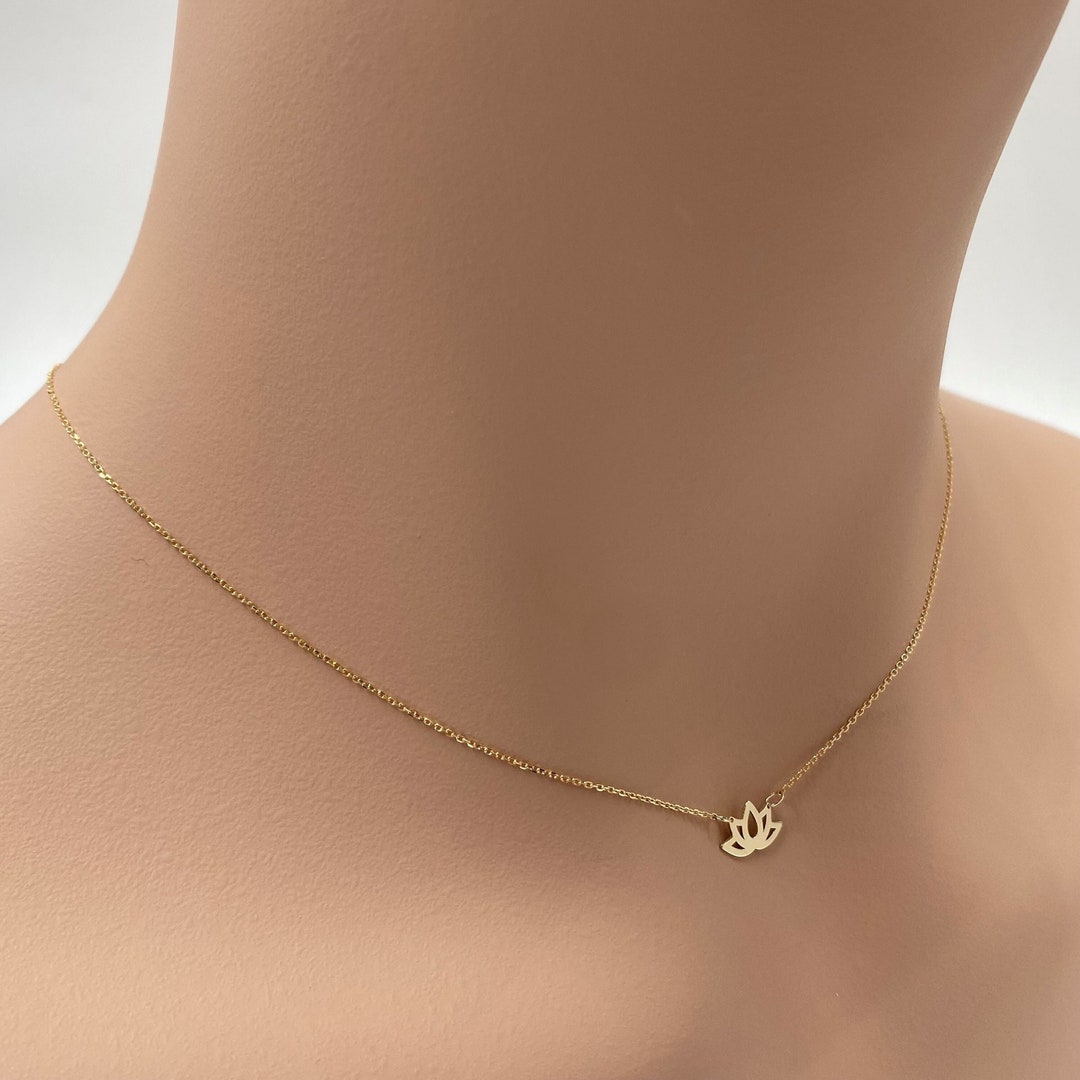 Real 14k Solid Gold Minimal Lotus Necklace, Dainty Gold Lotus Necklace ...