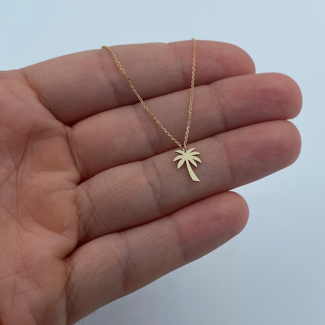 14k Solid Gold Dainty Palm Tree Necklace, Minimal Gold Palm Tree ...