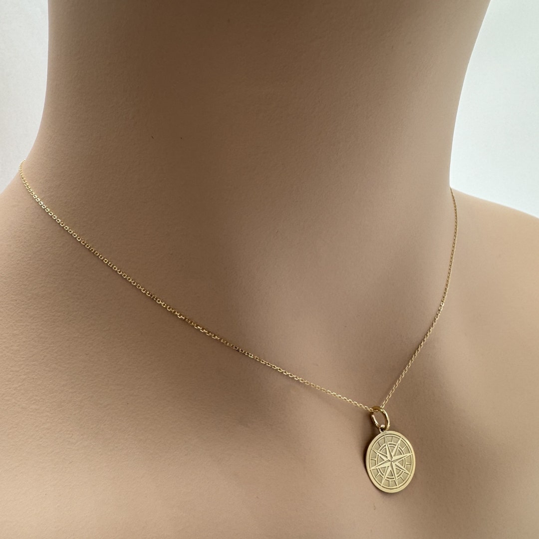 Real 14k Solid Gold Minimal Compass Necklace, Dainty Compass Gold ...