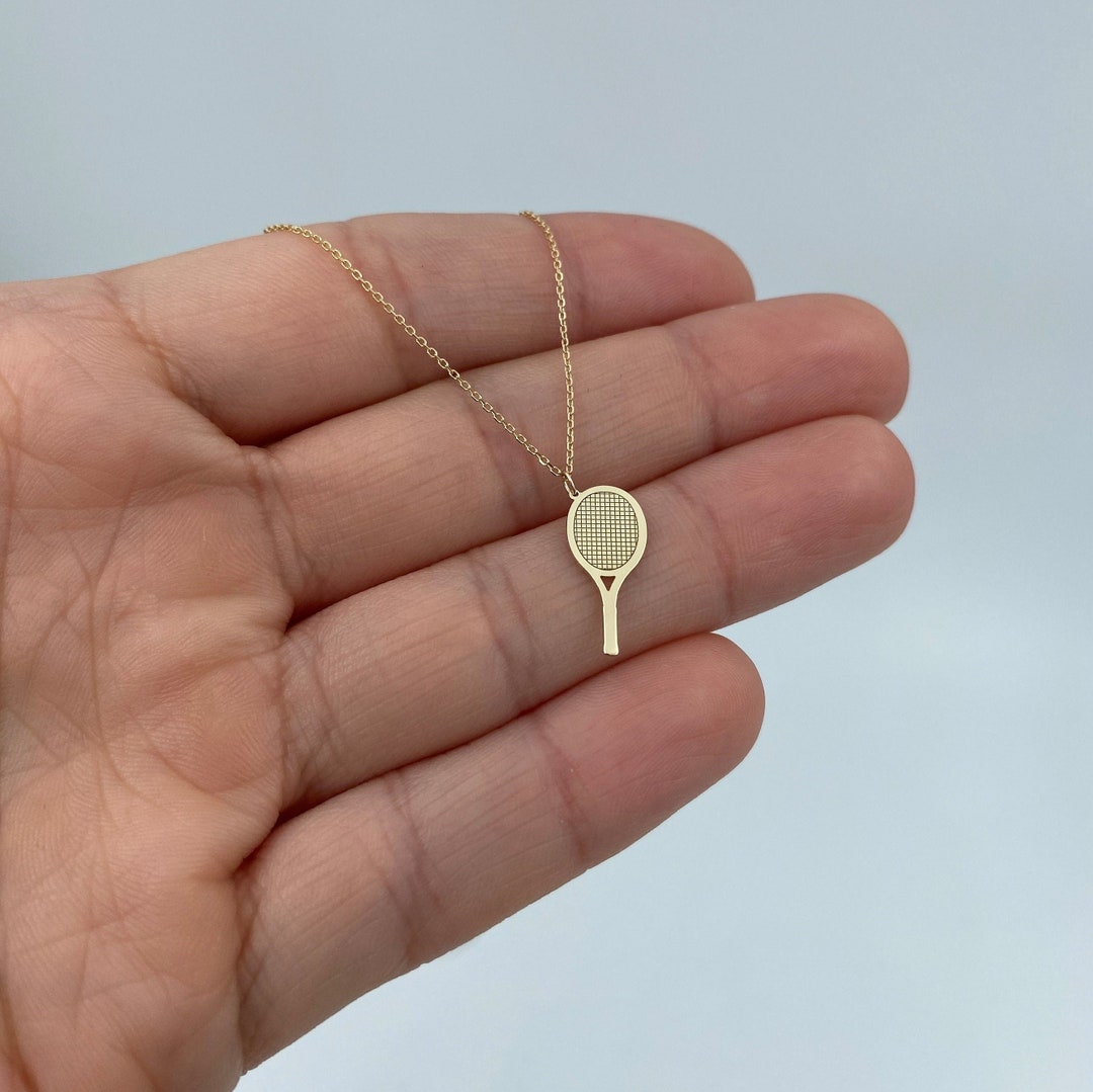 14k Solid Gold Minimal Tennis Racket Necklace, Dainty Gold Tennis ...