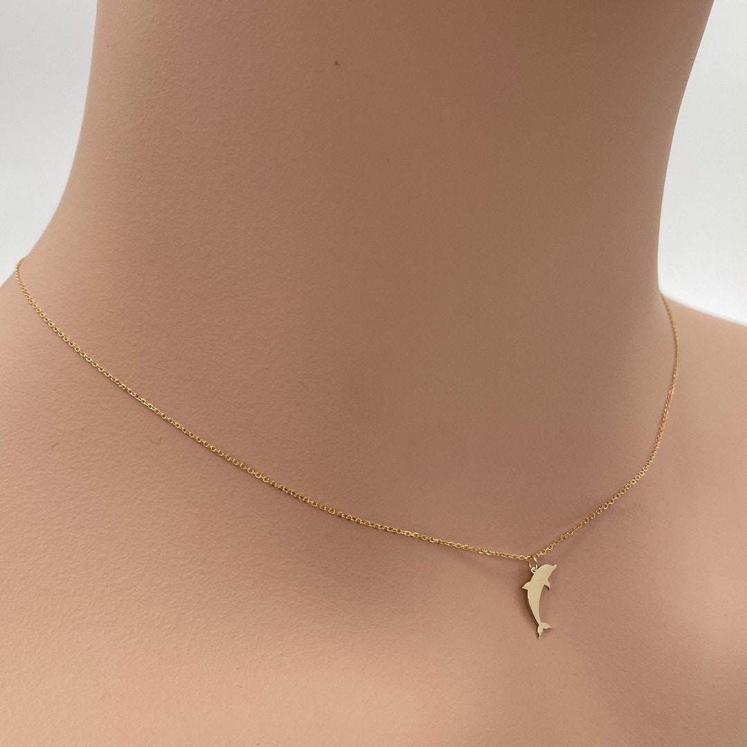 Real 14k Solid Gold Dainty Dolphin Necklace, Minimal Dolphin Necklace ...