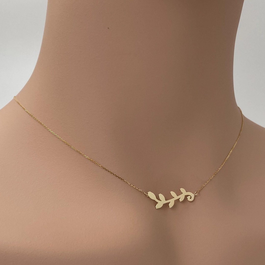 Real 14k Solid Gold Minimal Olive Branch Necklace, Dainty Branch ...