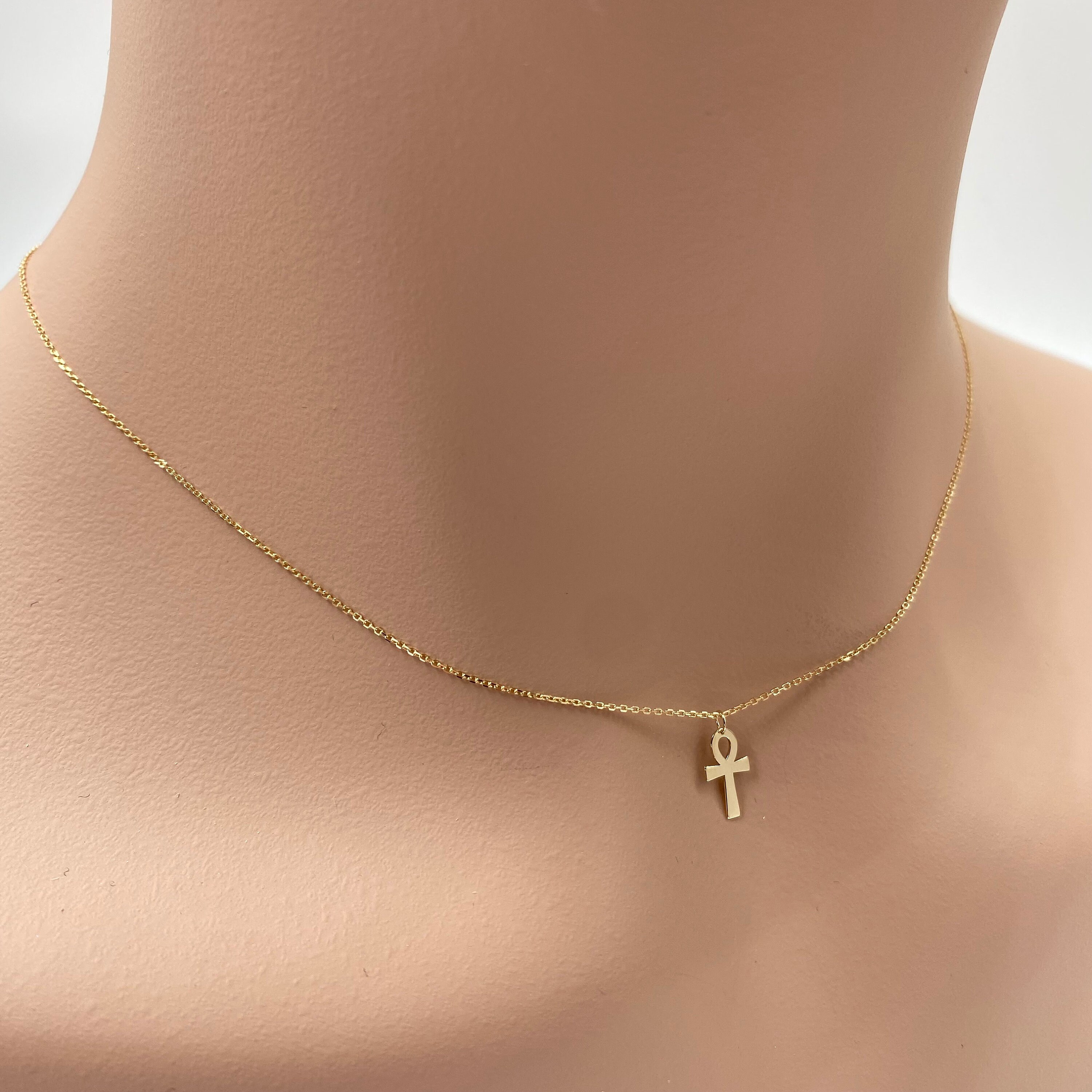 Real 14k Solid Gold Dainty Ankh Necklace, Gold Minimal Ankh Necklace ...