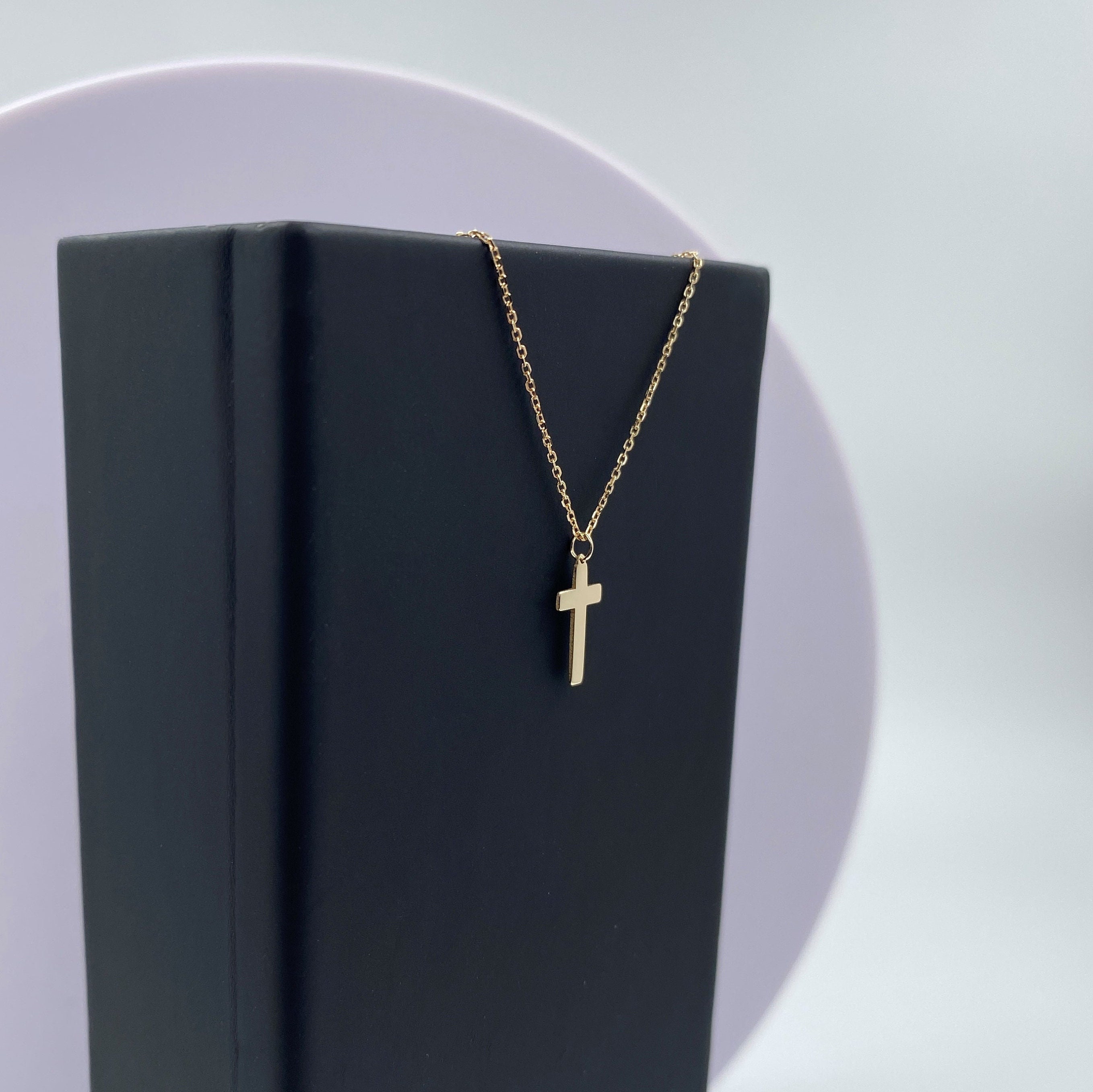 Real 14k Solid Gold Minimal Cross Necklace, Dainty Gold Cross Necklace ...