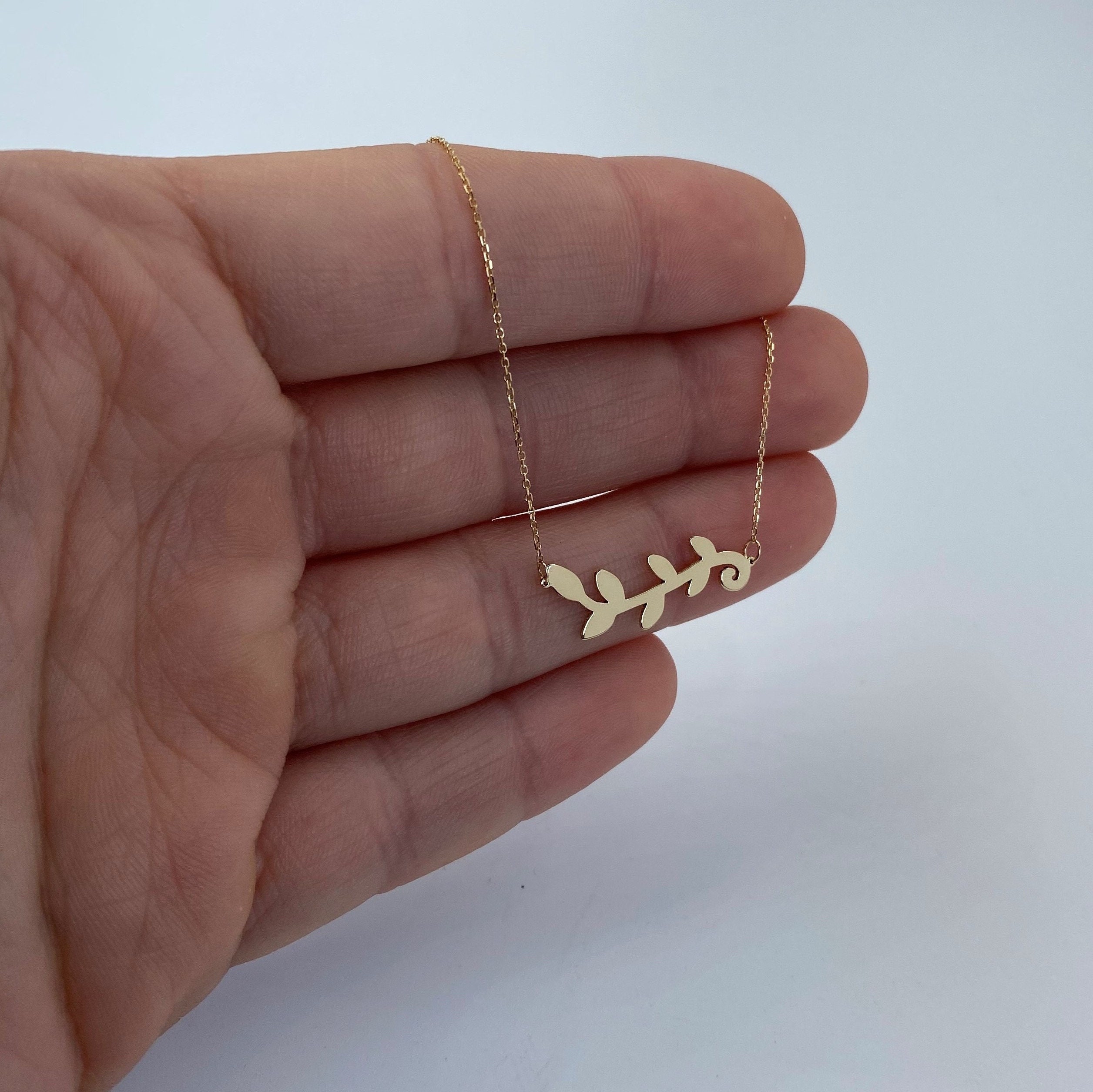 Real 14k Solid Gold Minimal Olive Branch Necklace Dainty - Etsy