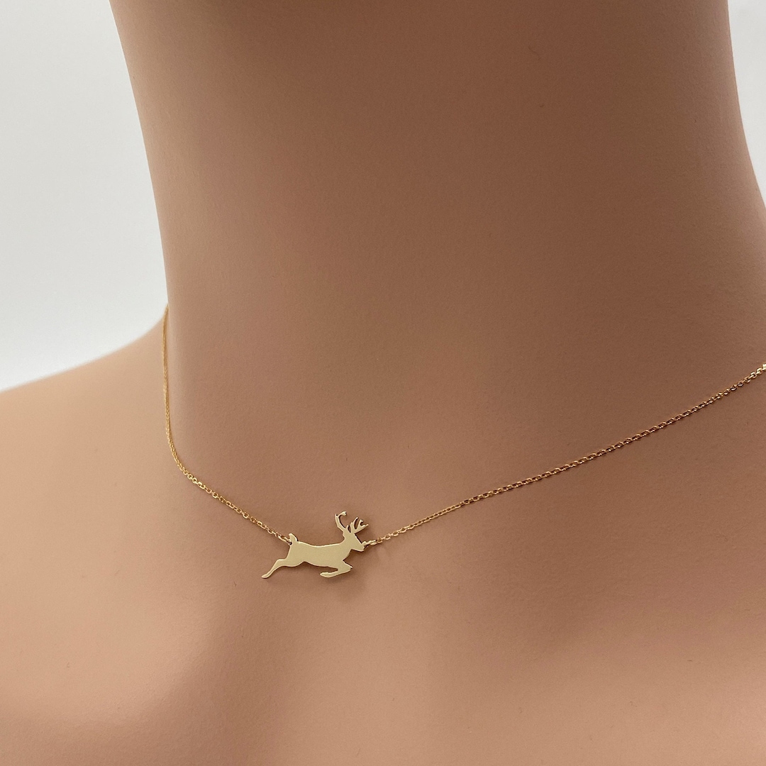 Real 14k Solid Gold Minimal Deer Necklace, Dainty Gold Deer Necklace ...