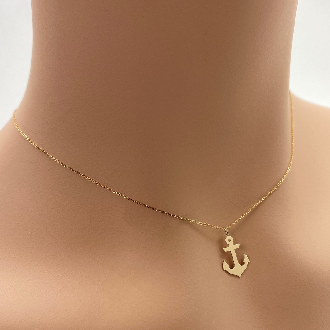 Real 14k Solid Gold Minimal Anchor Necklace, Dainty Gold Anchor ...