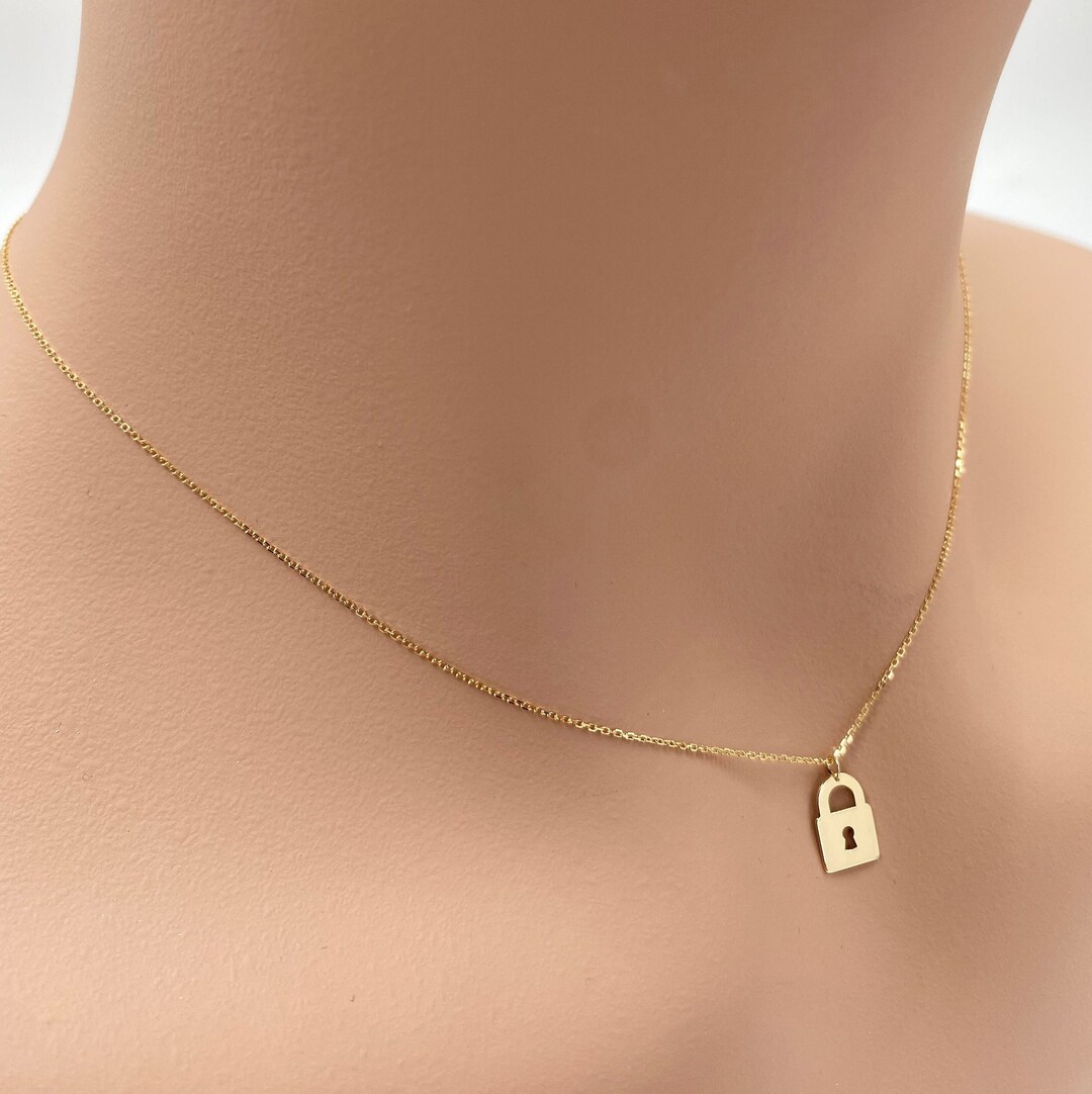 Real 14k Solid Gold Minimal Lock Necklace, Dainty Gold Padlock Necklace ...