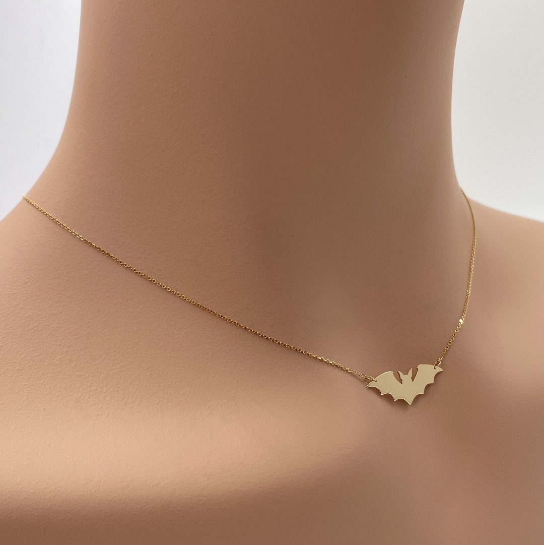 Real 14k Solid Gold Minimal Bat Necklace, Dainty Gold Bat Necklace ...