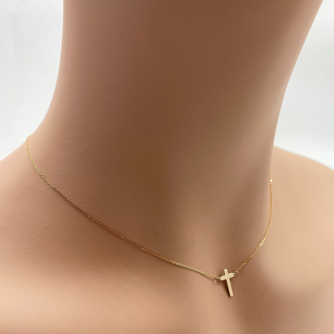 Real 14k Solid Gold Minimal Cross Necklace, Dainty Gold Cross Necklace ...