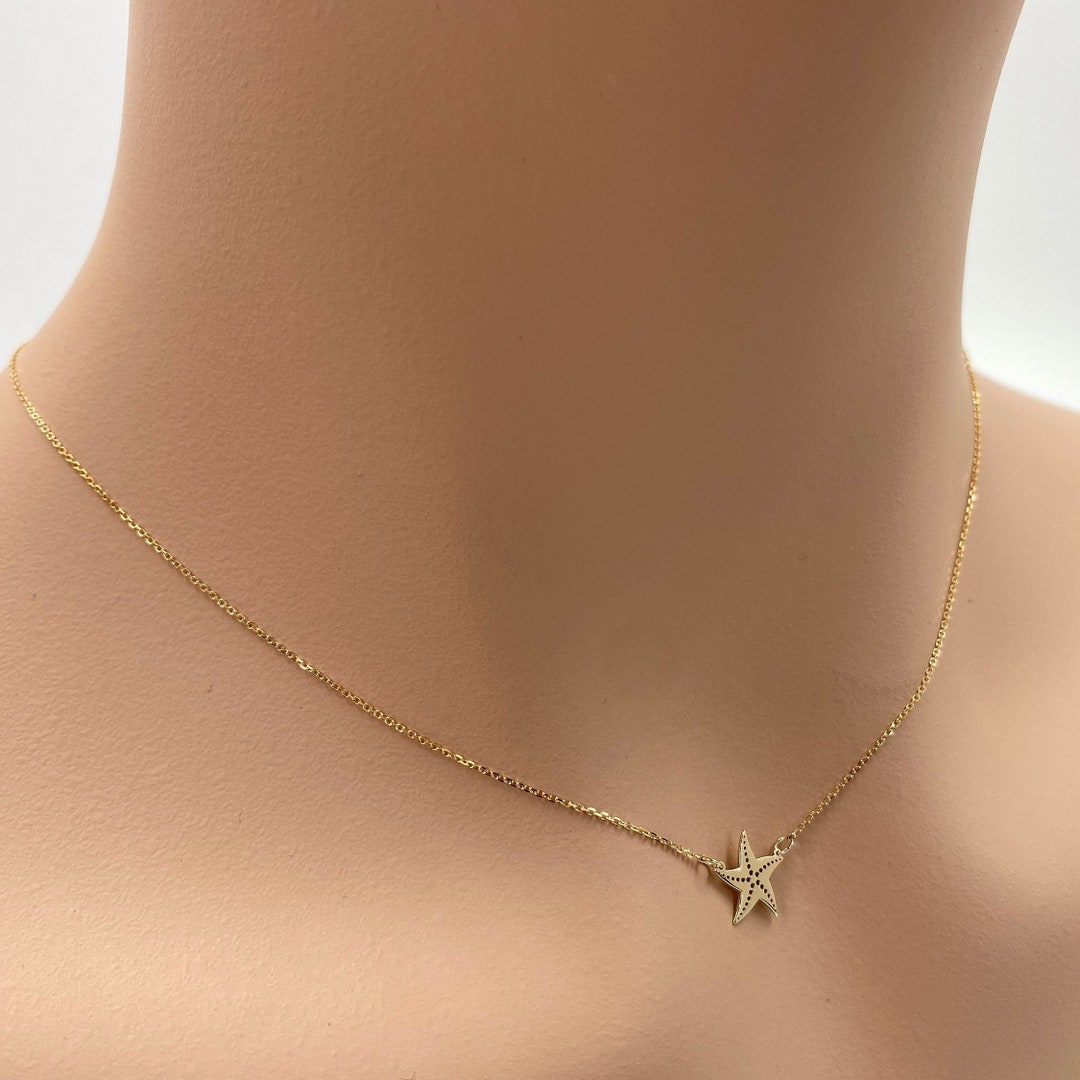 Real 14k Solid Gold Minimal Starfish Necklace, Dainty Gold Starfish ...
