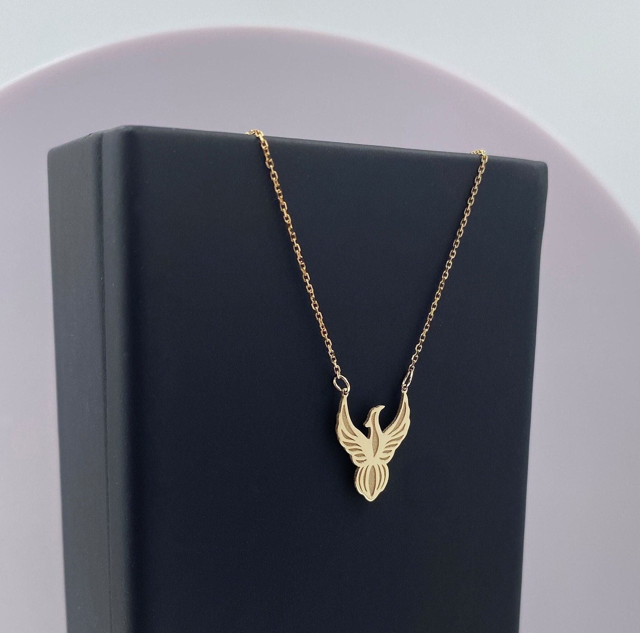 14k Solid Gold Dainty Phoenix Necklace, Minimal Phoenix Bird Necklace ...