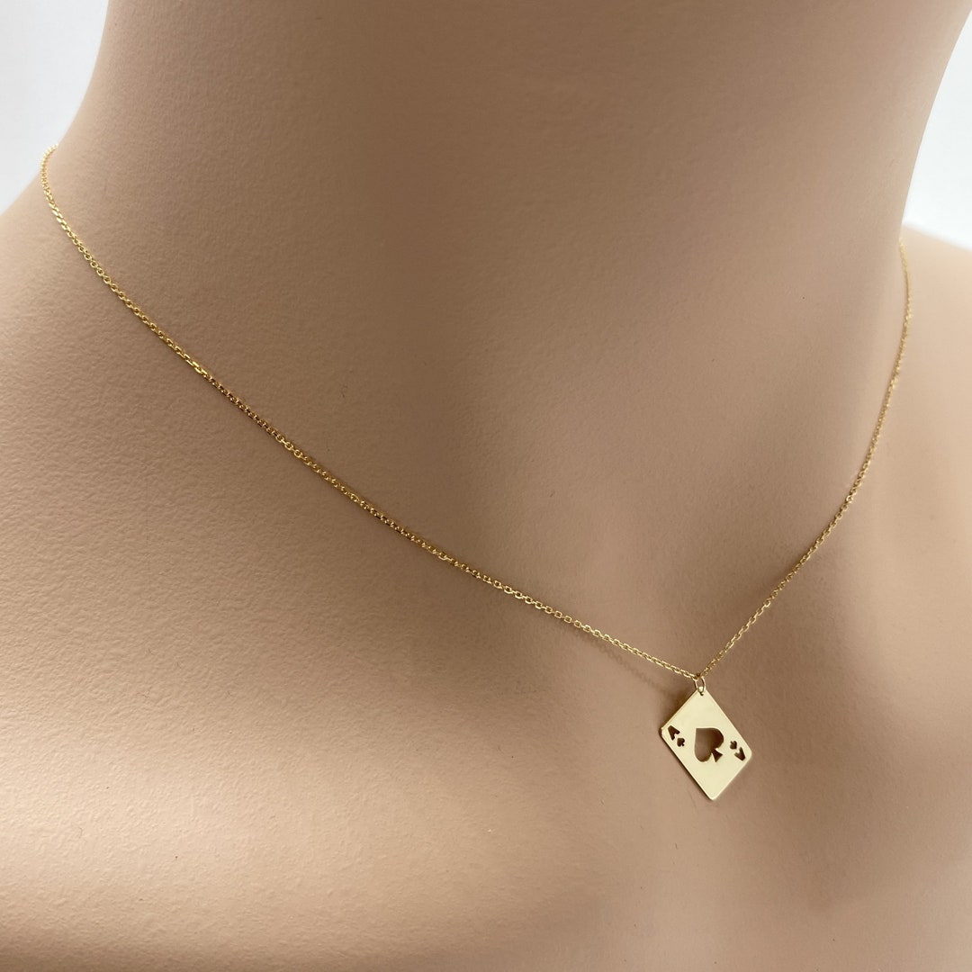 Real 14k Solid Gold Minimal Ace of Spades Necklace, Dainty Gold Spades ...