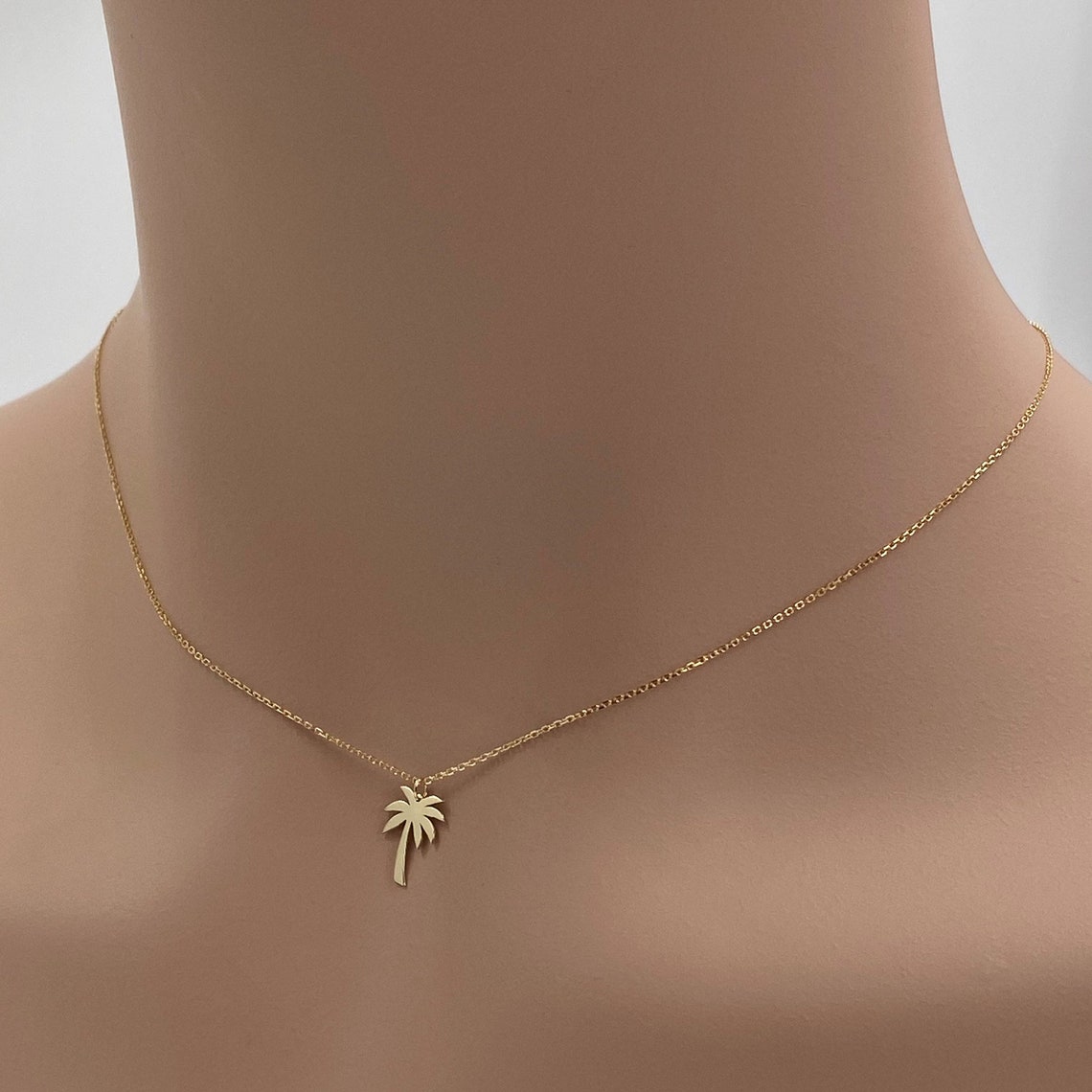14k Solid Gold Dainty Palm Tree Necklace Minimal Gold Palm - Etsy