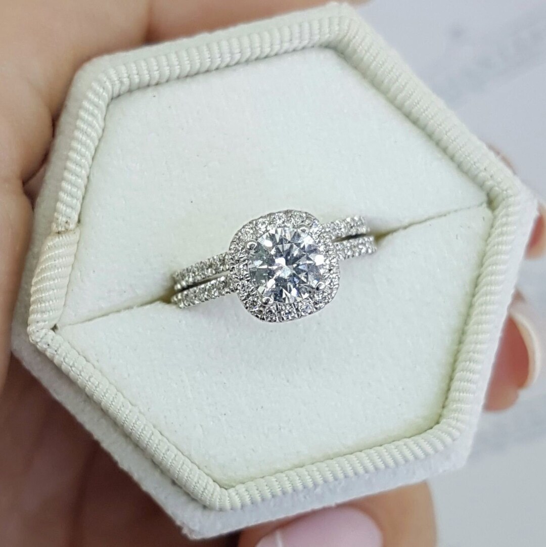 Halo Engagement Ring Set, Unique Bridal Ring Set, Wedding Ring Set, 0 ...