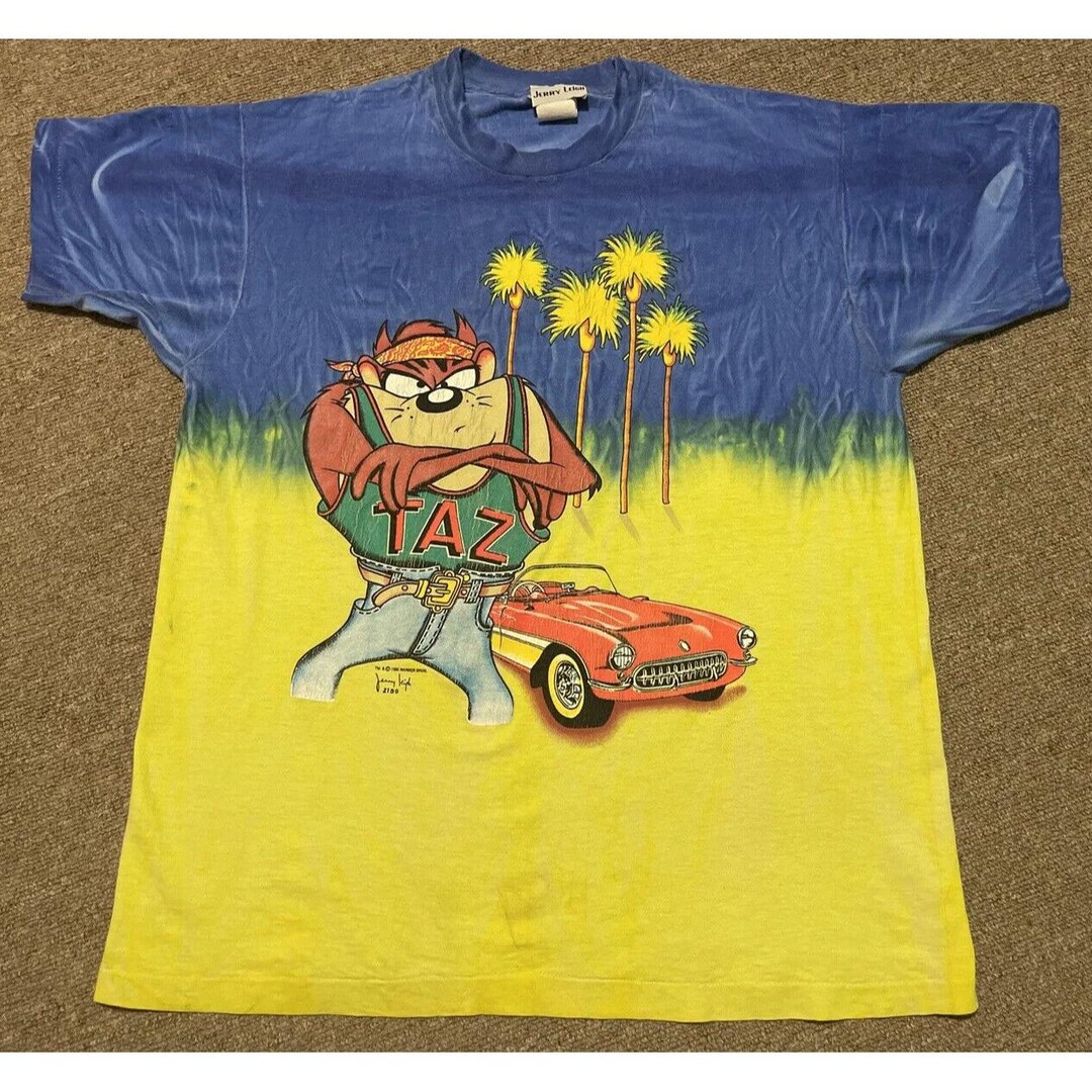 Vintage 90s 1993 XL Taz Looney Tunes Corvette Single Stitch Tye Dye T ...