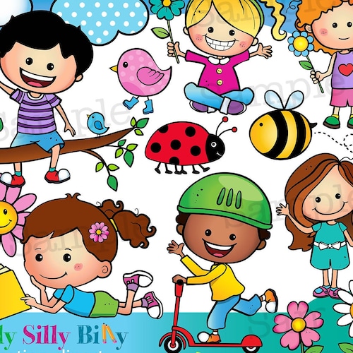 Happy Kids Clipart. BLACK and WHITE and COLOR. Education - Etsy