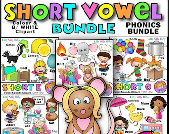 Phonics 50 Image LONG VOWELS BUNDLE B/W & Color Clipart. | Etsy