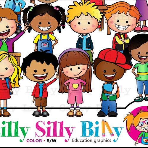 Happy Kids Clipart. BLACK and WHITE and COLOR. Education - Etsy