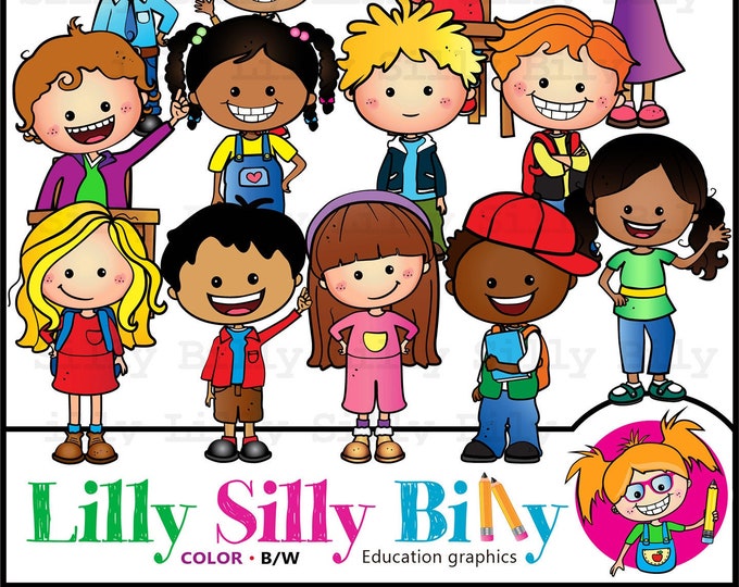 Cheerful Kids Clipart. BLACK and WHITE and COLOR. Education Graphics of ...