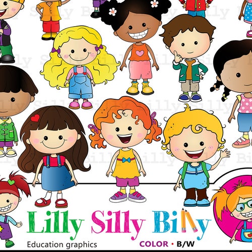 Happy Kids Clipart. BLACK and WHITE and COLOR. Education - Etsy