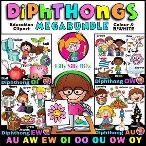 Diphthong BUNDLE. Phonics, 192 Clipart Images in Black and White Stamps ...