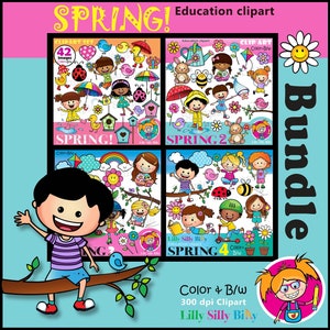 SPRING 1, 2, 3 & 4. Clipart Bundle. BLACK and WHITE and Color ...