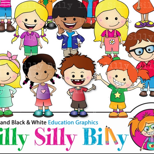 Happy BIG Kids Clipart. BLACK and WHITE and Color Education | Etsy