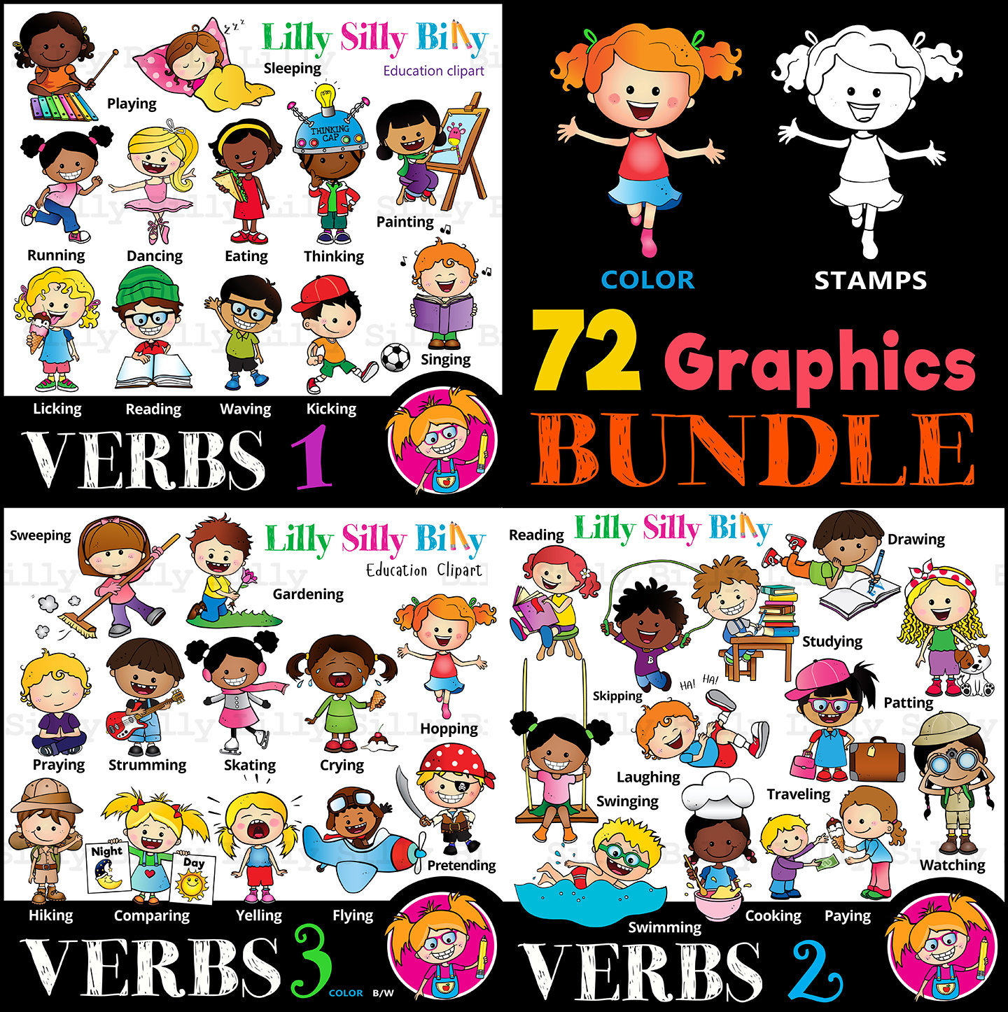 VERBS 1-2-3 Bundle Clipart for Small Commercial and Education Use ...