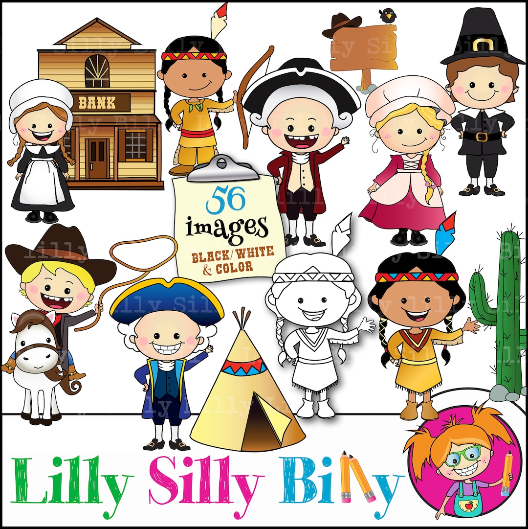 Colonial Kids, Clipart Mega Bundle, BLACK AND WHITE and Color Graphics ...