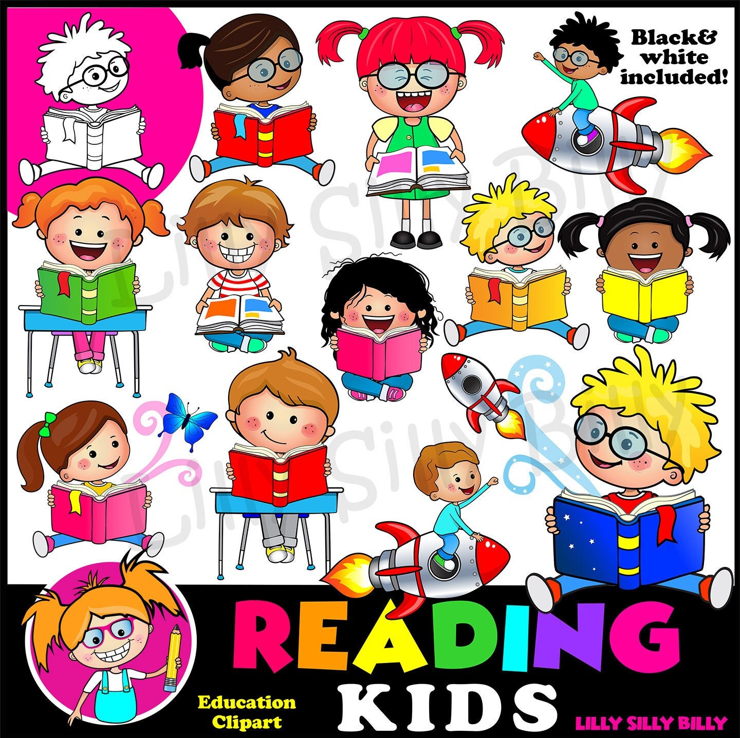 Reading Kids. Clipart in Color & Black/white. lilly Silly Billy. Small ...