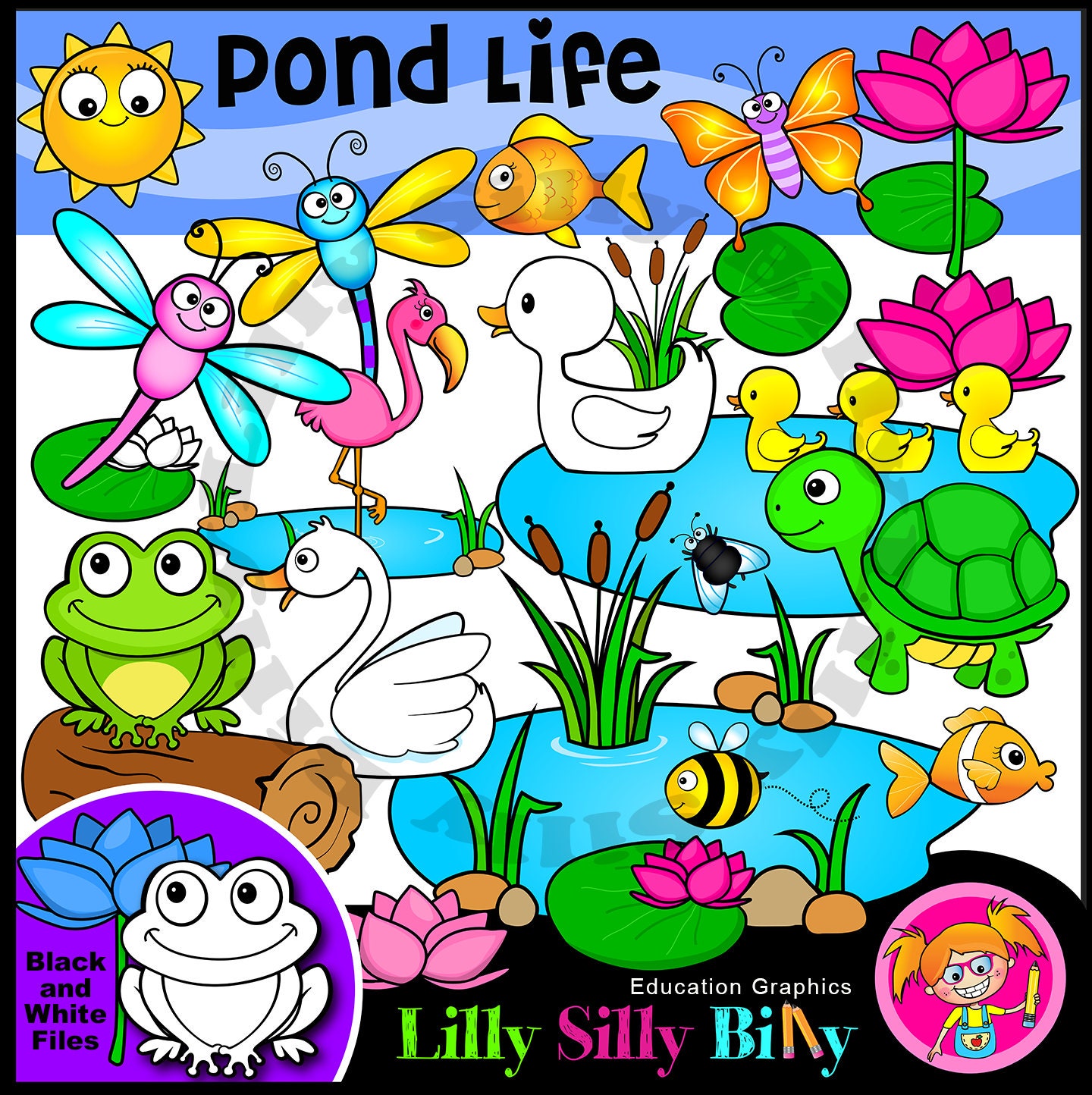 Pond Life, Clipart. Black & White and Full Color Graphics. Frog and ...